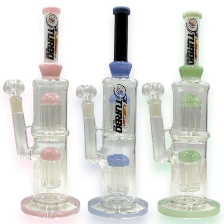 Turbo Glass Waterpipe 14" - Slime Dual Tree Perc - Assorted Color